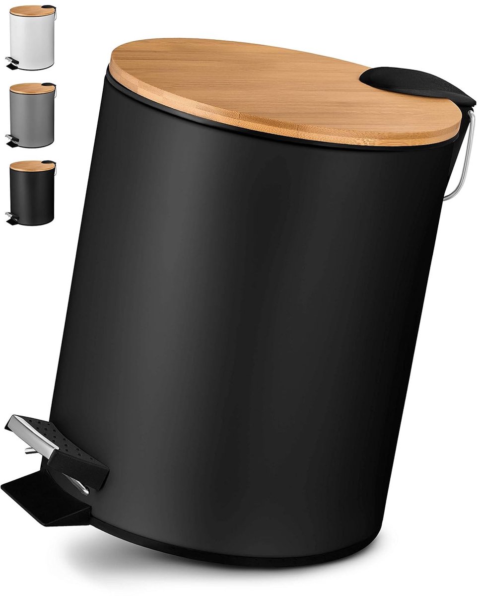 5l cosmetica afvalemmer mat zwart design bamboe deksel